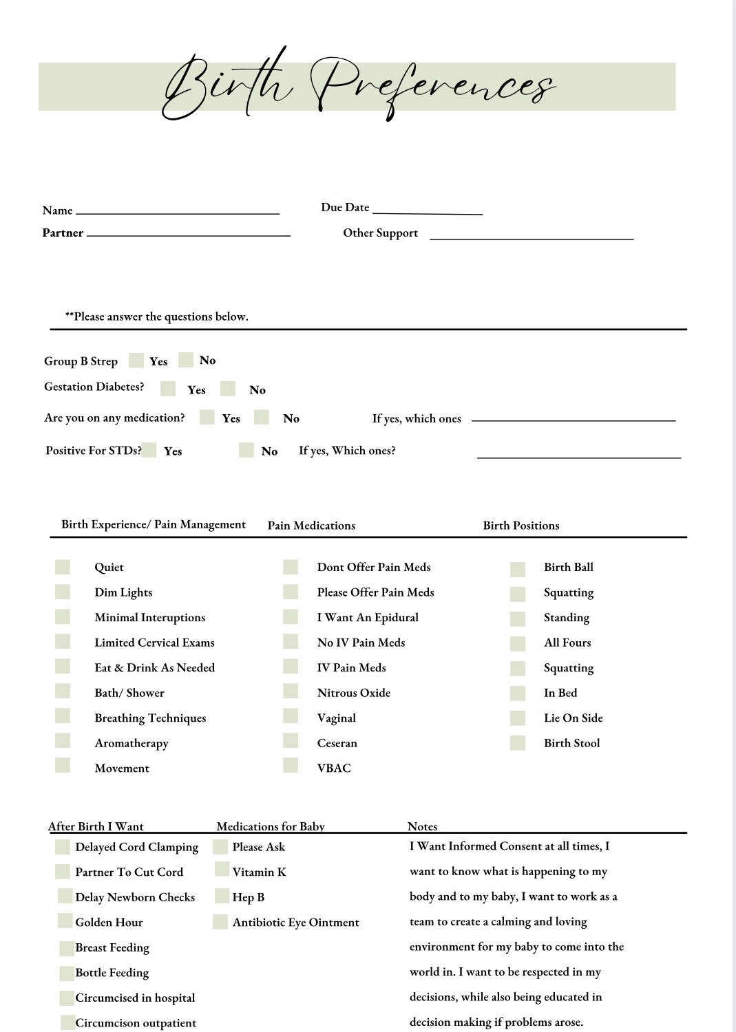 Editable Birth Preferences - Etsy