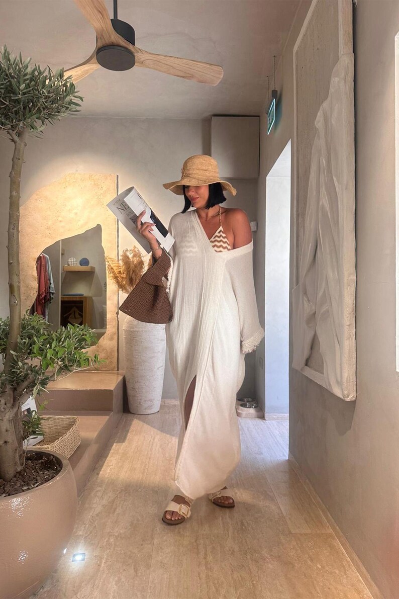Crinkle Linen Kaftan | Cotton Slit Naturel Dress | V Neck Bohemian ...