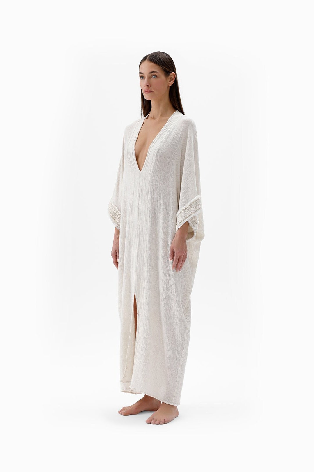 Crinkle Linen Kaftan Cotton Slit Naturel Dress V Neck Bohemian Kaftan ...
