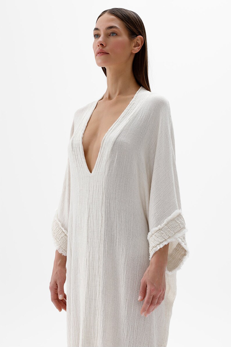 Crinkle Linen Kaftan Cotton Slit Naturel Dress V Neck Bohemian Kaftan ...