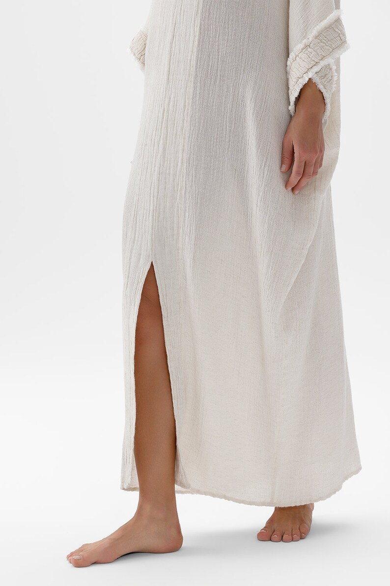 Crinkle Linen Kaftan Cotton Slit Naturel Dress V Neck Bohemian Kaftan ...