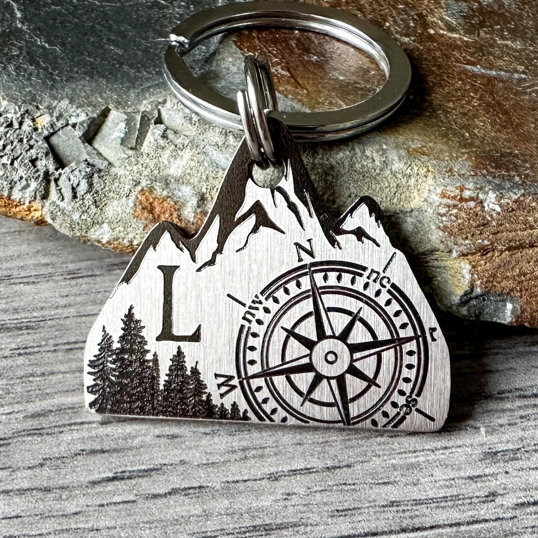 Mountain and Compass Dog Tag, Personalised Hiking Pet ID Tag, Chunky ...