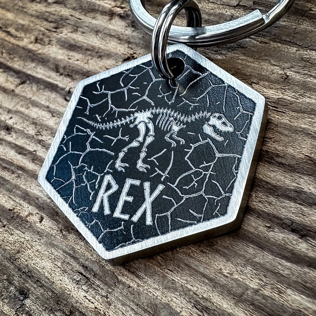 Dinosaur Skeleton Bones Dog ID Tag, Personalised Engraved Pet Name Tag ...