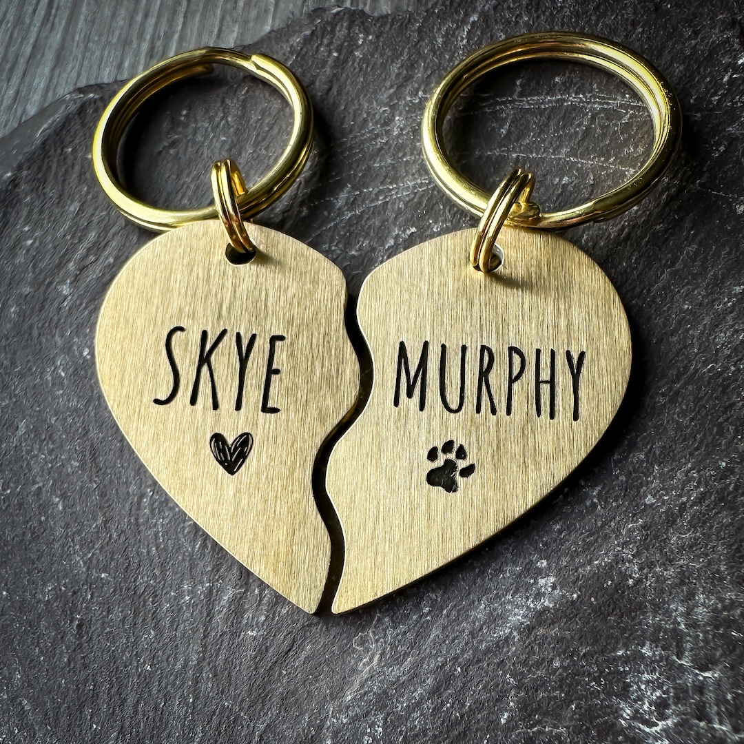TWO Friendship Love Heart Dog Tag Keyrings, Matching Personalised Pet ...