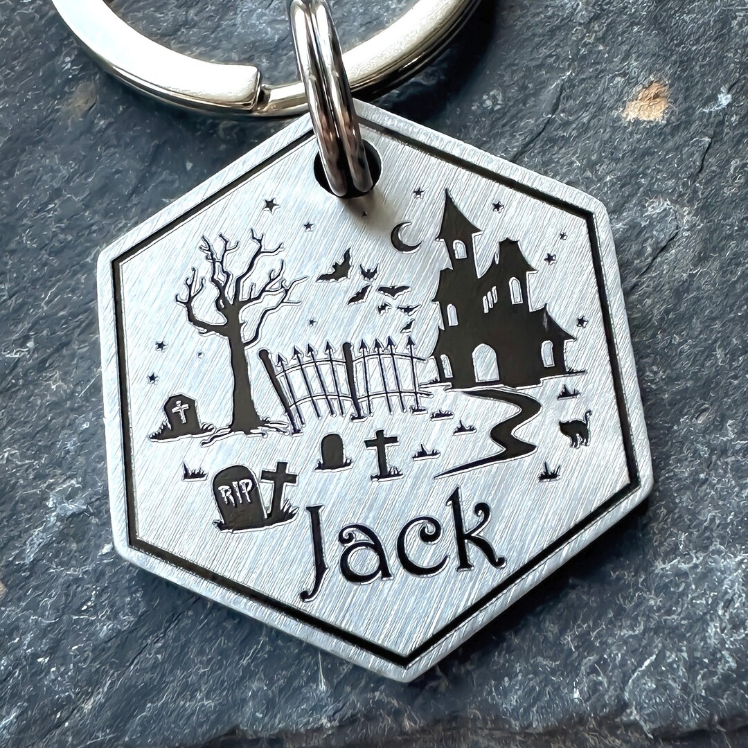 HAUNTED HOUSE Dog Name Tag, Autumn Fall Creepy Halloween Pet ID Tag ...