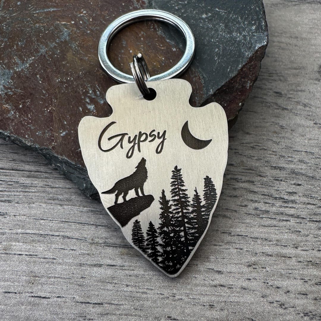 Howling Wolf Moon Dog ID Tag, Engraved Metal Wolfdog Collar Charm ...
