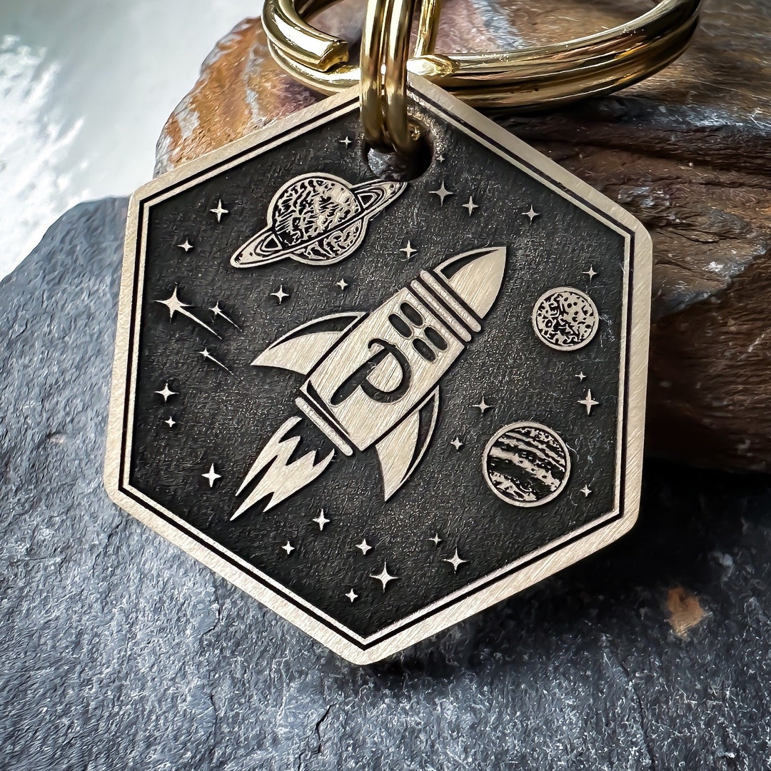 Rocket Spaceship Dog Tag, Planets Keyring, Stars Keychain, Space Pet ...
