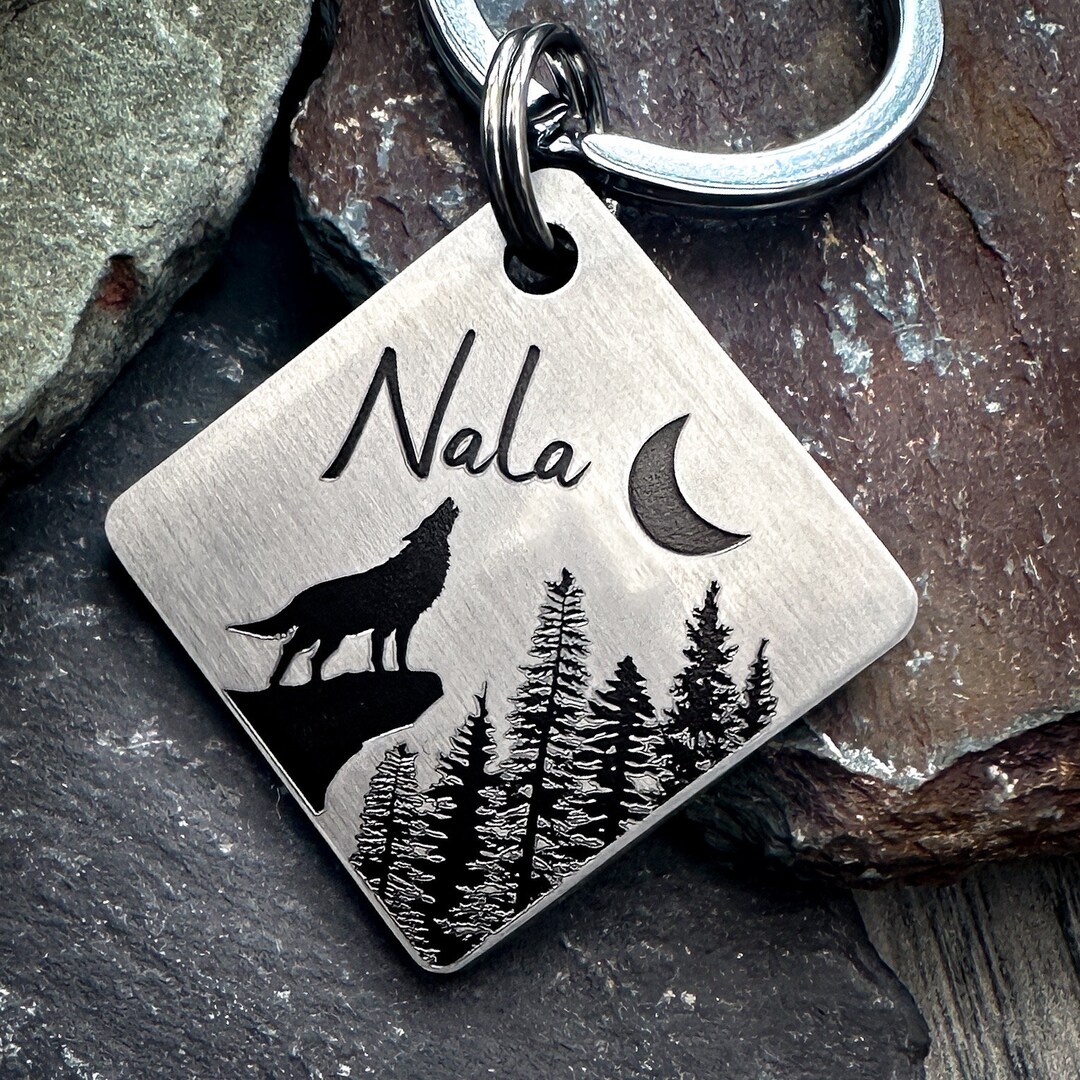 Howling Wolf Moon Dog ID Tag, Engraved Metal Wolfdog Collar Charm ...