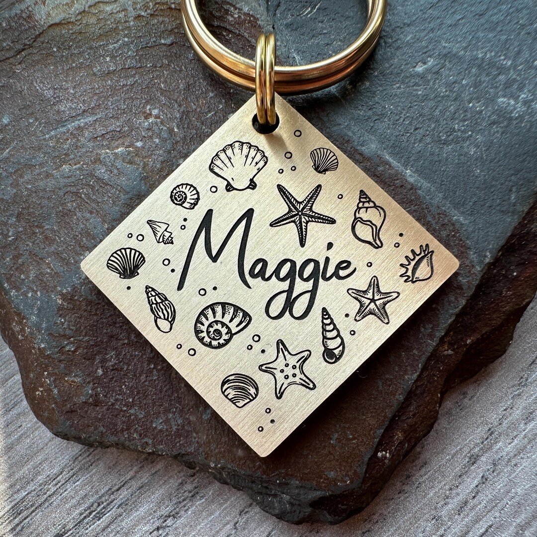 Engraved Seashells Dog Tag, Summer Beach Pet ID Tag, Spring Summery Dog ...