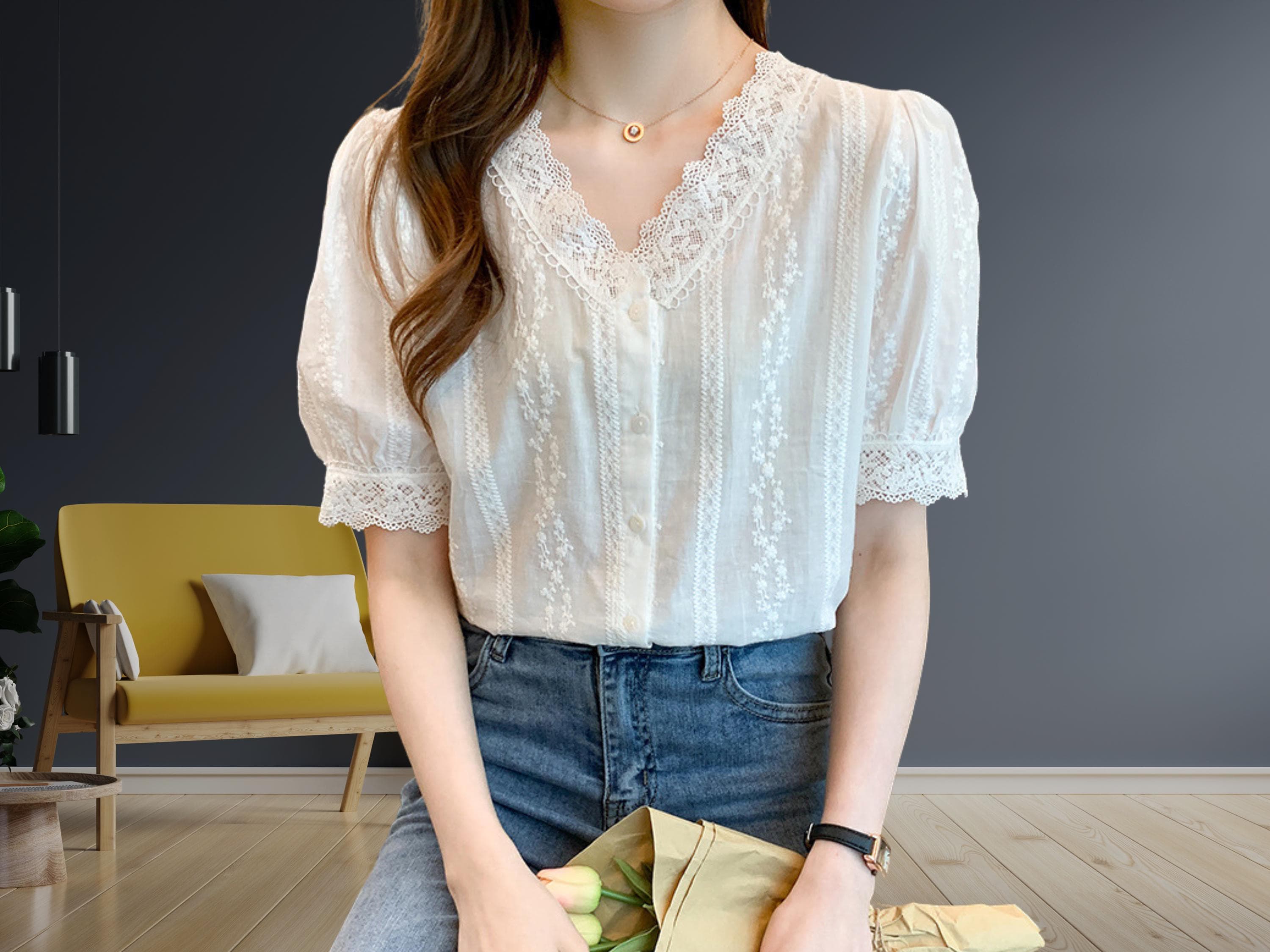White Blouse for Women, Casual Summer Blouse, Short Sleeve V-neck Shirt ...