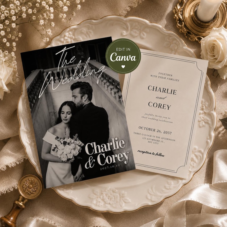 Photo Wedding Invitation | Editable Canva Invite | Editorial Wedding ...