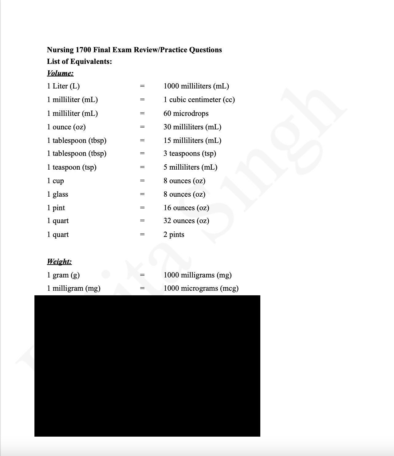 Med Math for Nursing Practice Questions W/ Answers - Kingsborough NUR ...