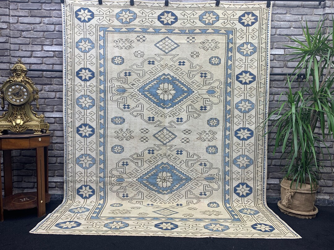 Rustic Primitive Handmade Blue Rug 6'3x8'3, Vintage Mid Century Modern ...