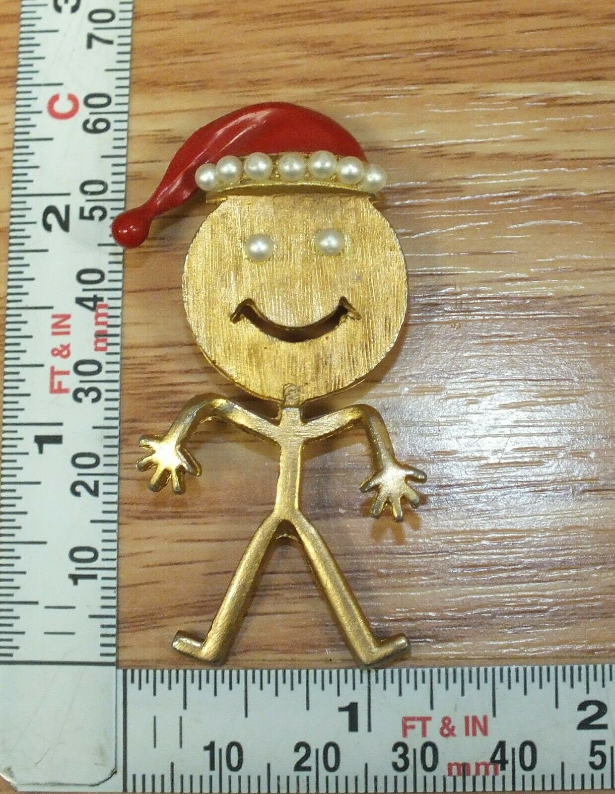 Vintage 70's Gold Tone Metal Stick Figure / Man Santa Hat Holiday Lapel ...