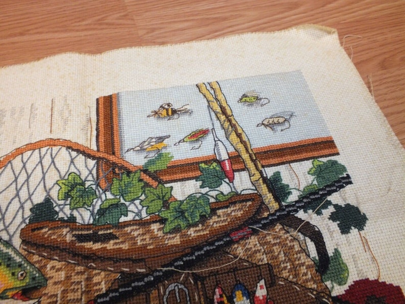 Vintage Unframed Fishing Tackle Lures Completed Cross Stitch Wall Art ...
