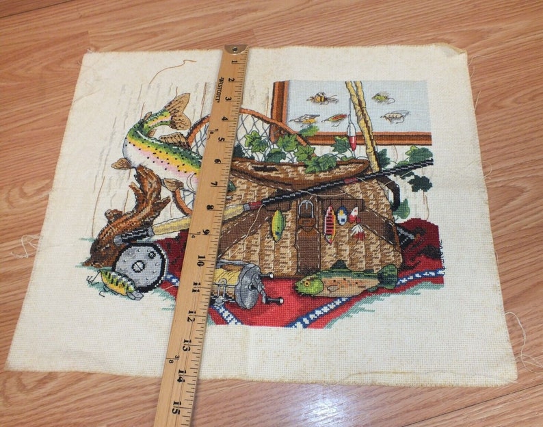 Vintage Unframed Fishing Tackle Lures Completed Cross Stitch Wall Art ...
