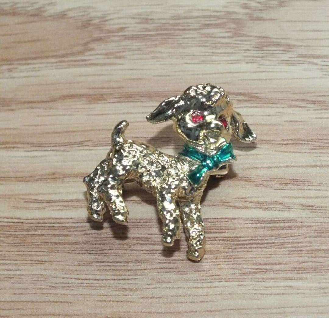 Vintage Gold Tone Sheep Lamb With Green Bow Collectible Animal Lapel ...