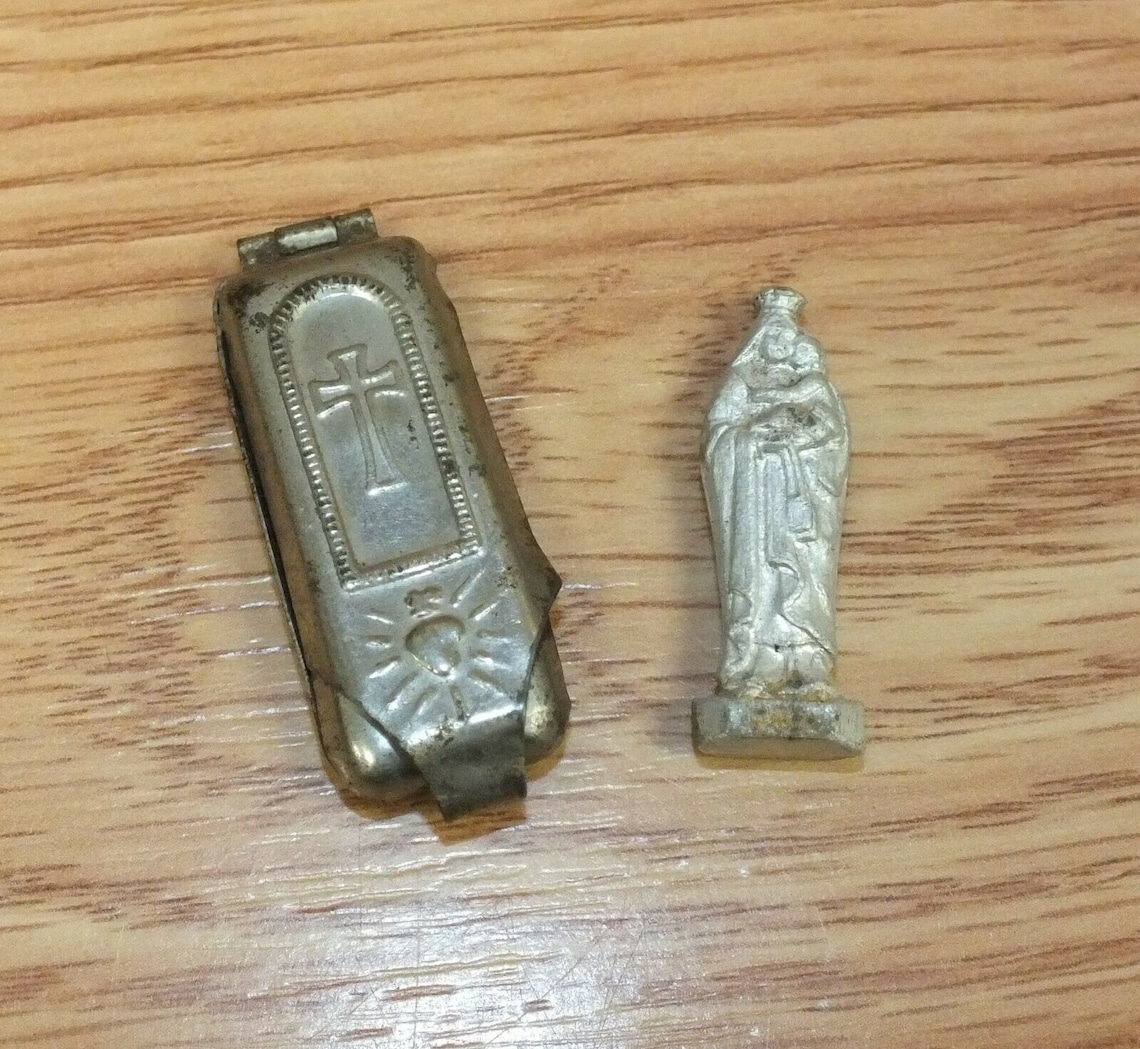 Vintage Metal Religious Catholic Pocket Shrine Capsule With Statue ...