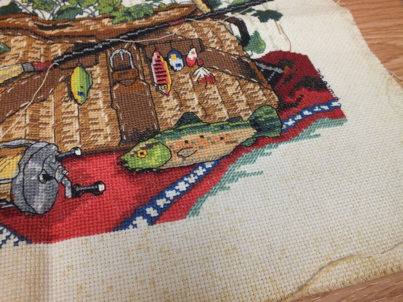Vintage Unframed Fishing Tackle Lures Completed Cross Stitch Wall Art ...