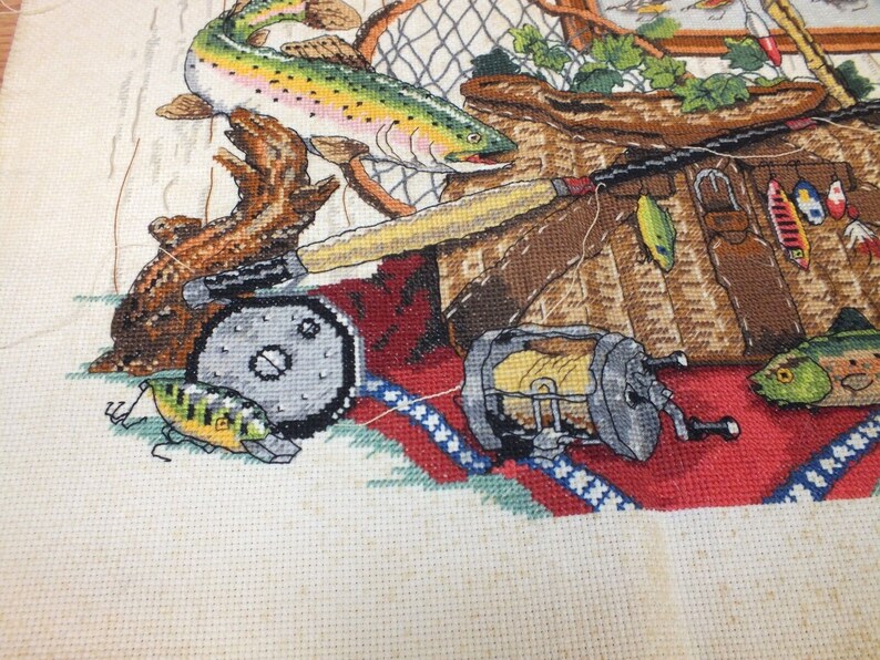 Vintage Unframed Fishing Tackle Lures Completed Cross Stitch Wall Art ...