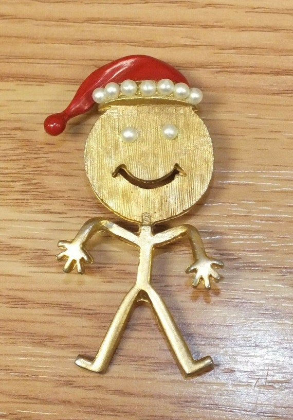 Vintage 70's Gold Tone Metal Stick Figure / Man Santa Hat | Etsy
