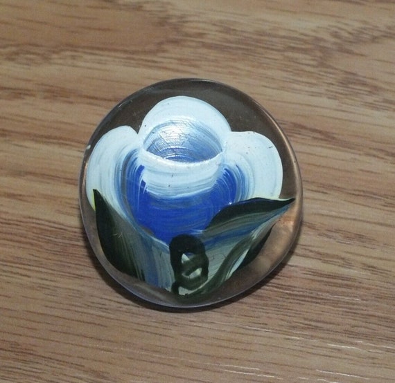 Vintage Clear Glass Rock With Blue Flower Painted Col… - Gem