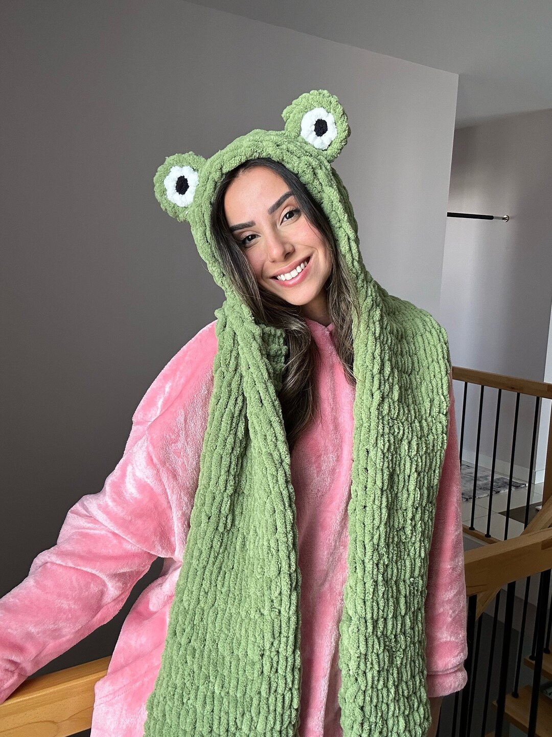 Frog Ear Scarf & Hat Set, Animal Mask, Handmade Crochet Beanie, Unisex ...
