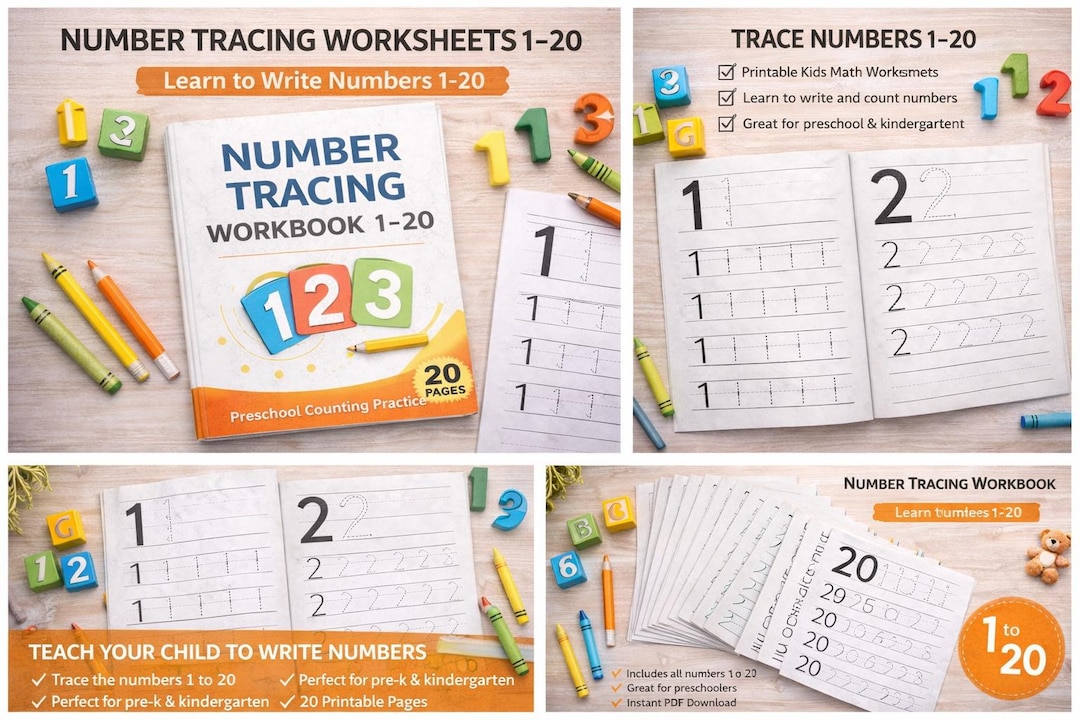 Number Tracing Worksheets 1-20 Printable, Preschool Math Workbook, Kids ...