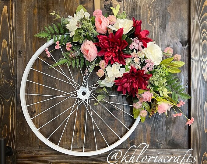 Dahlia Rose Mixed Florals on a Bicycle Wheel Rim Summer Wreath - Etsy