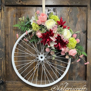 Dahlia Rose Mixed Florals on a Bicycle Wheel Rim Summer Wreath | Porch ...