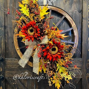 Sunflower Pinecone Farmhouse Wagon Wheel Fall Wreath, Fall Country ...