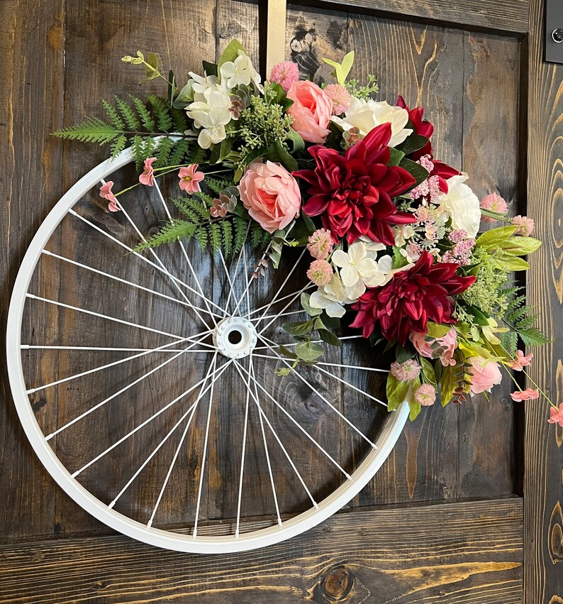 Dahlia Rose Mixed Florals on a Bicycle Wheel Rim Summer Wreath - Etsy