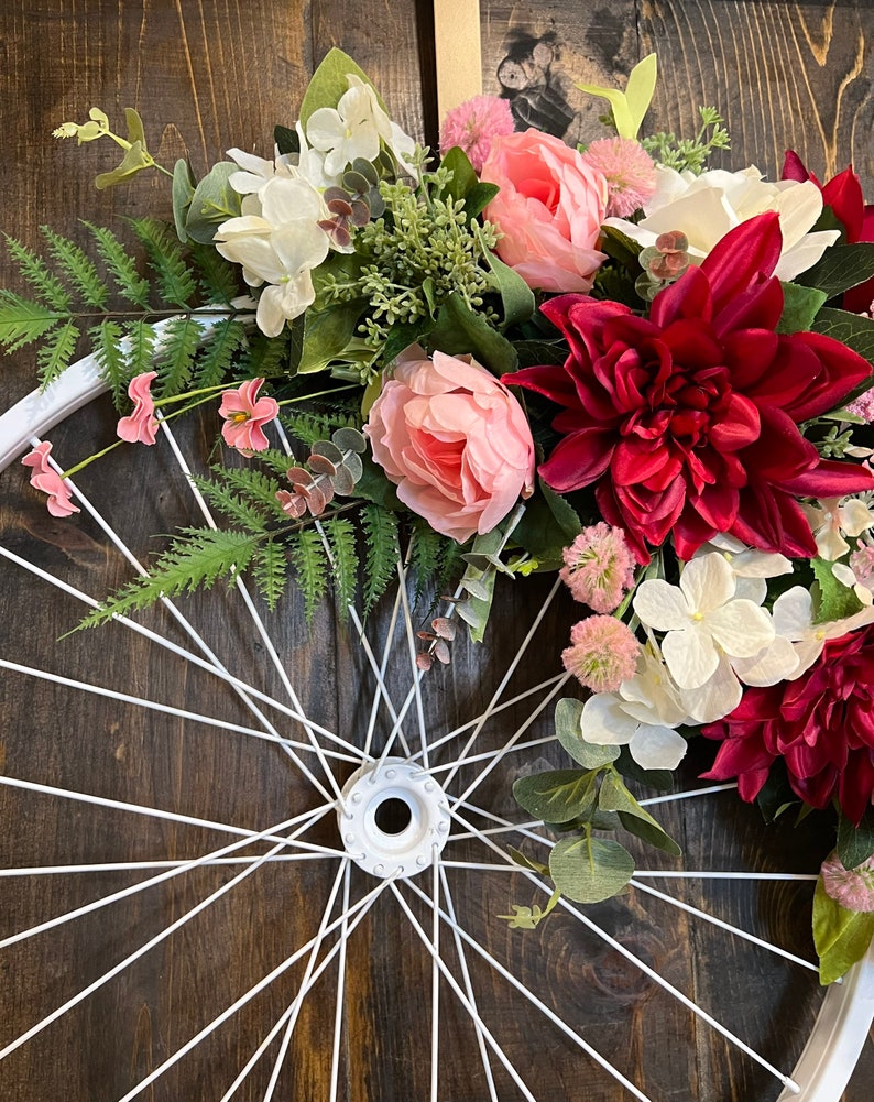 Dahlia Rose Mixed Florals on a Bicycle Wheel Rim Summer Wreath - Etsy
