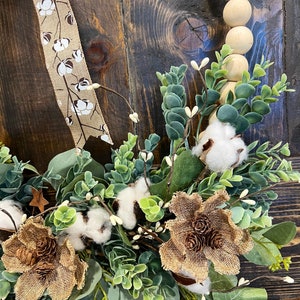 Farmhouse Wreath, Rustic Country Wreath, Cotton Blossom Eucalyptus Wood ...