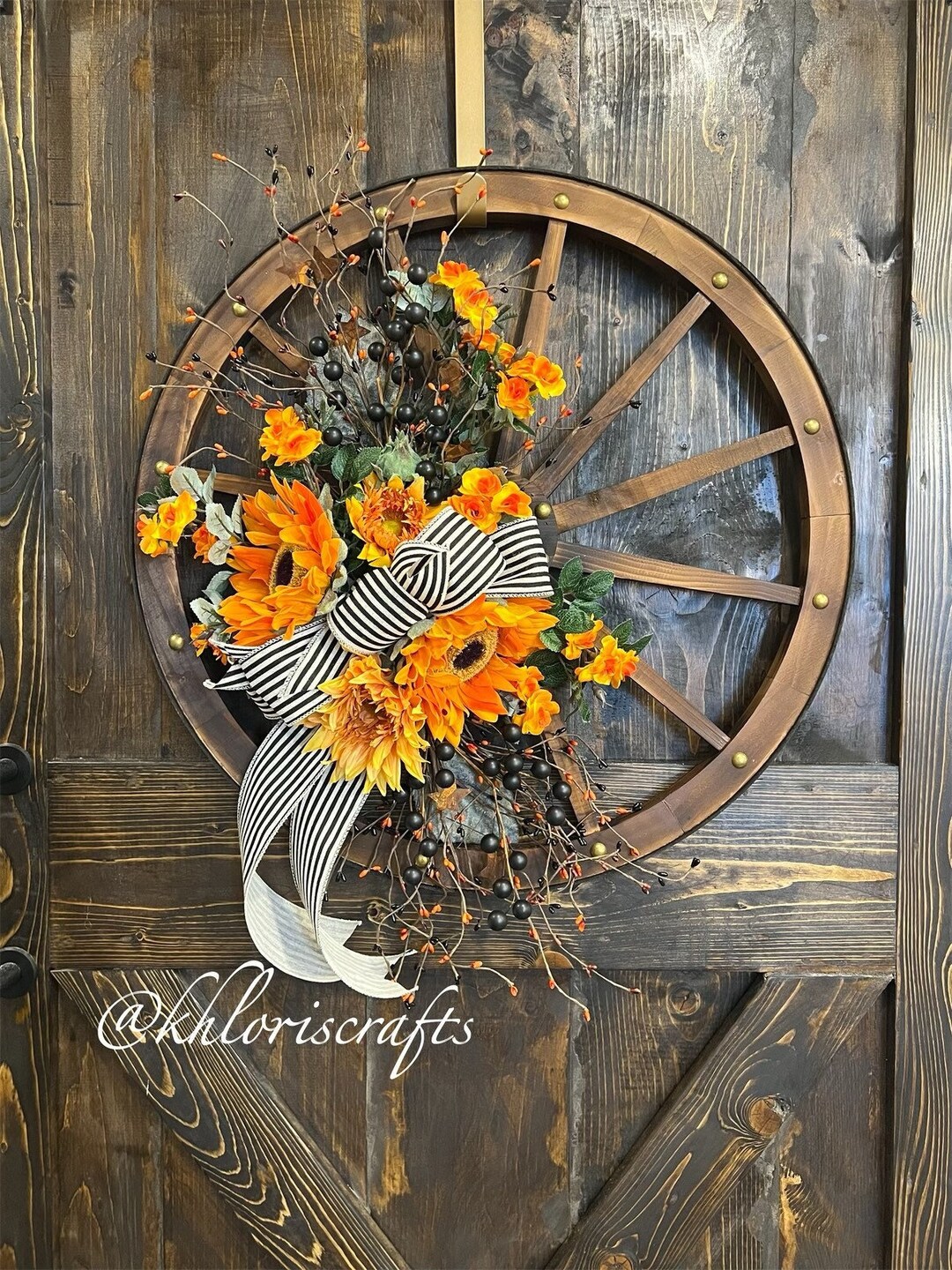 Orange Sunflower Black Pip Berries Fall Autumn Wagon Wheel Wreath, Fall ...