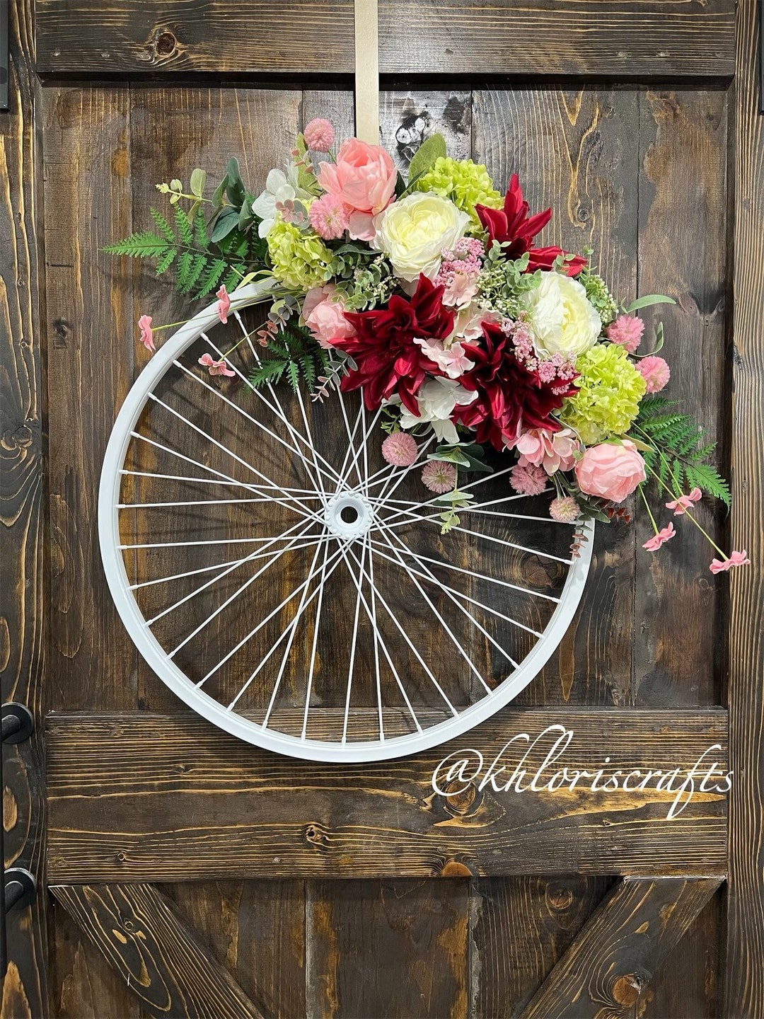 Dahlia Rose Mixed Florals on a Bicycle Wheel Rim Summer Wreath | Porch ...