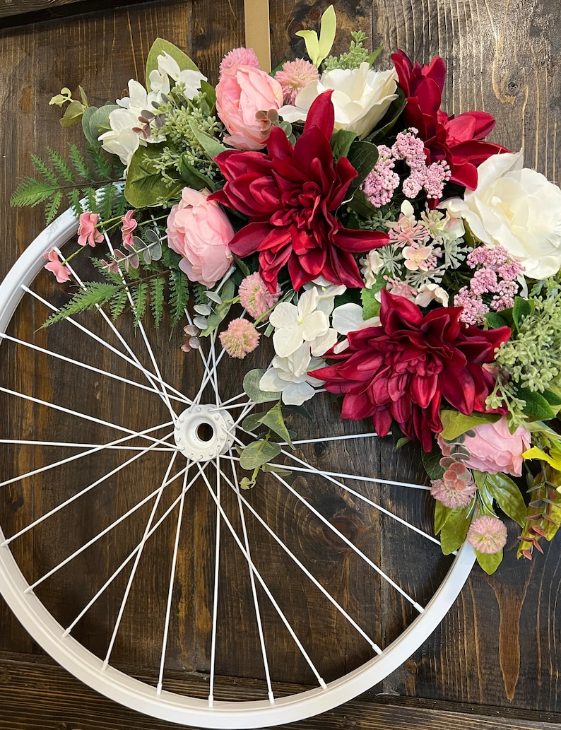 Dahlia Rose Mixed Florals on a Bicycle Wheel Rim Summer Wreath - Etsy