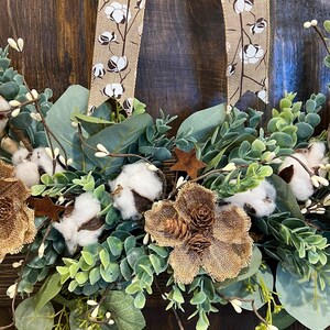 Farmhouse Wreath, Rustic Country Wreath, Cotton Blossom Eucalyptus Wood ...
