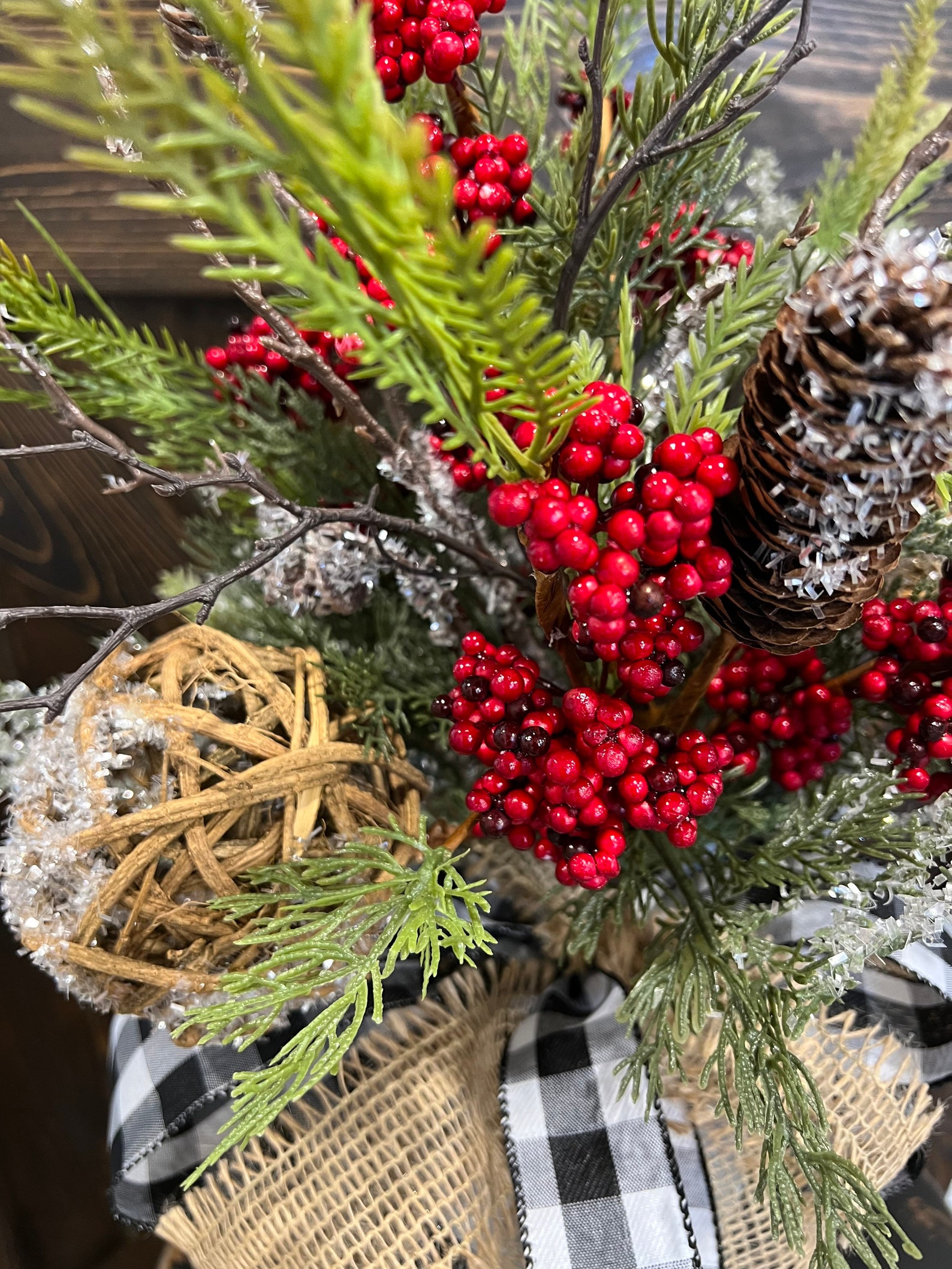 Winter Berry Pine Buffalo Check Planter Centerpiece, Holiday Berry Pine ...