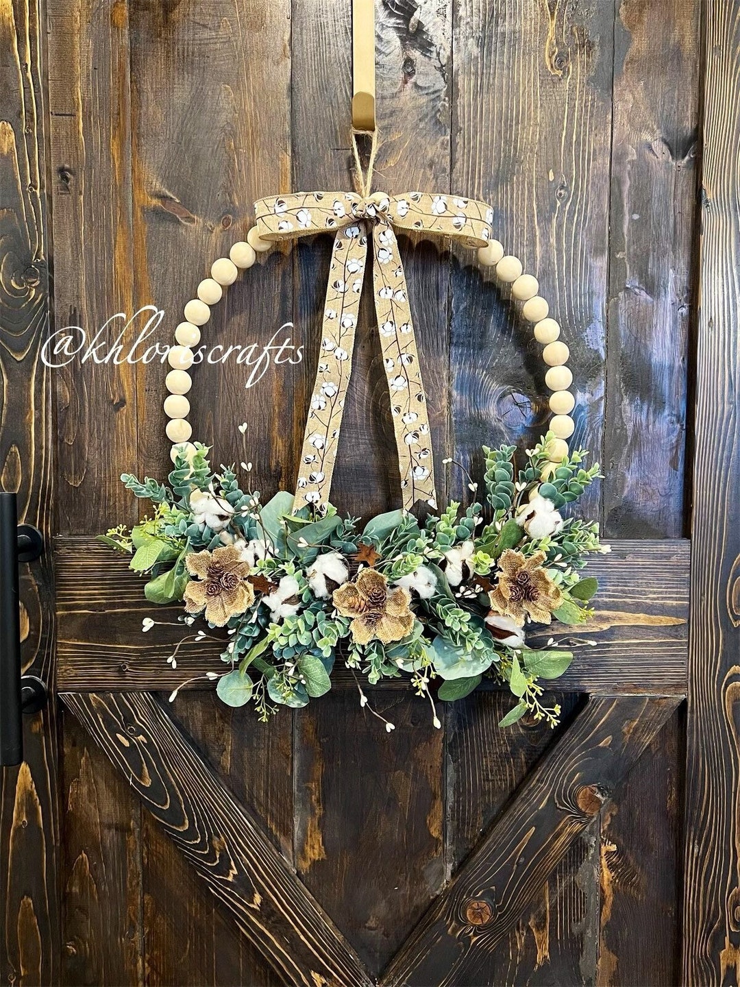 Farmhouse Wreath, Rustic Country Wreath, Cotton Blossom Eucalyptus Wood ...
