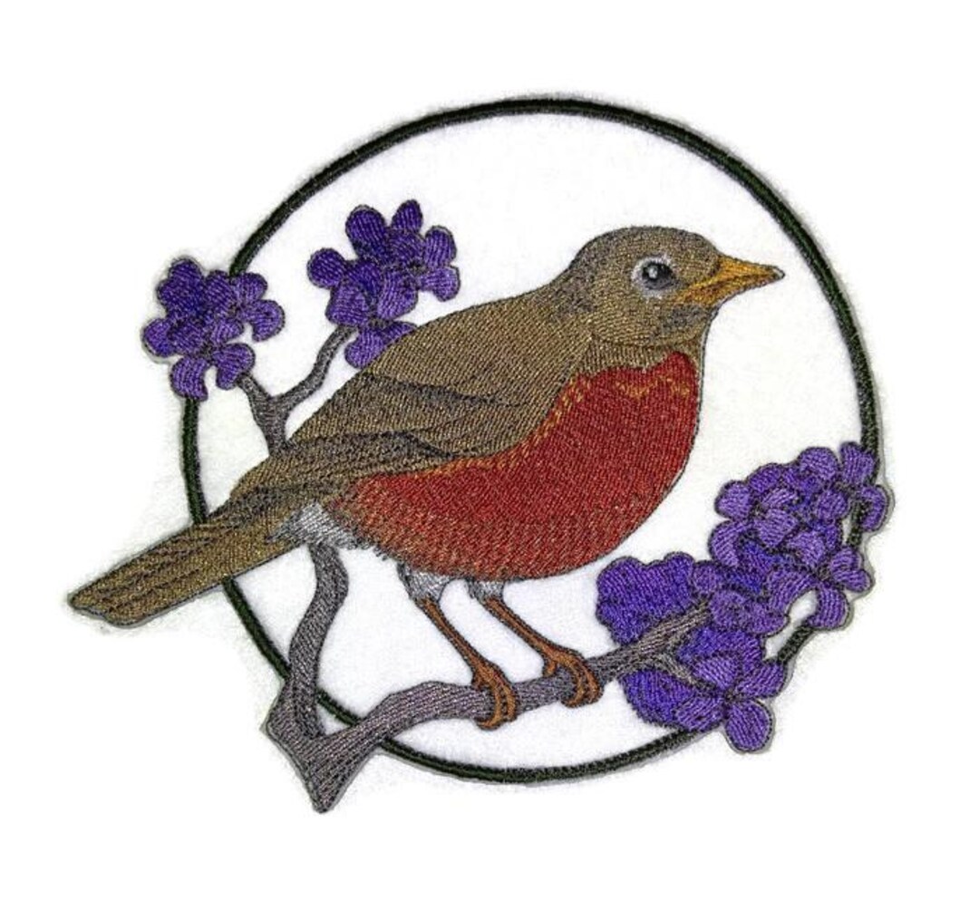 Bird in Circle Robin and Lilac Circle Embroidered Iron On/sew Patch [5. ...