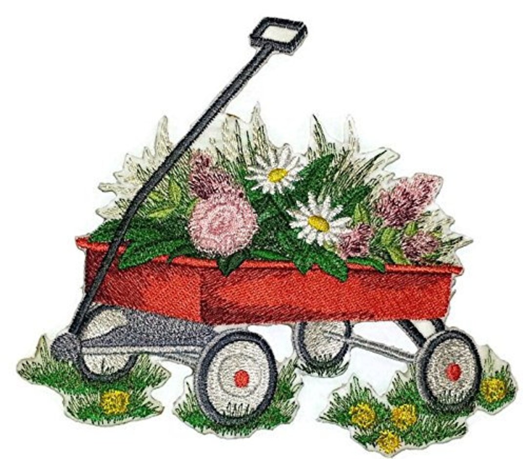 Spring Blooms With Vase[little Red Wagon With Flowers ] Embroidered ...