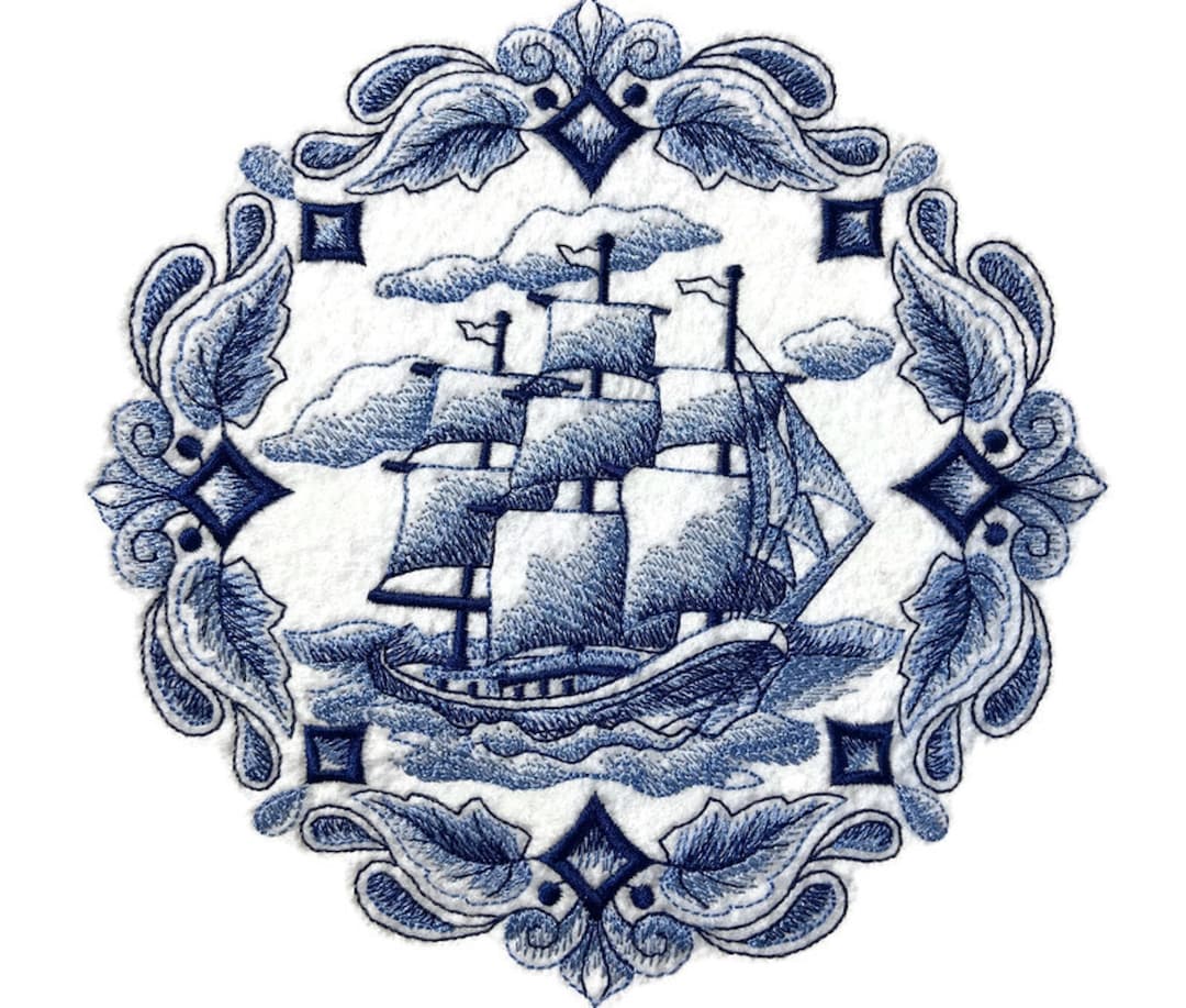 Shades of Blue[ Delft Blue Tall Ship ] Embroidered Iron On/sew Patch [6 ...