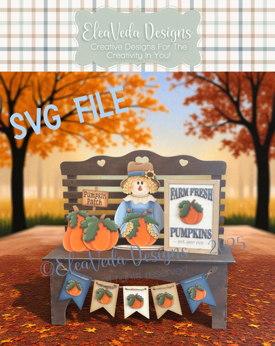 Fall Scarecrow and Pumpkins Bench Insert SVG File, Bench SVG, Bench ...