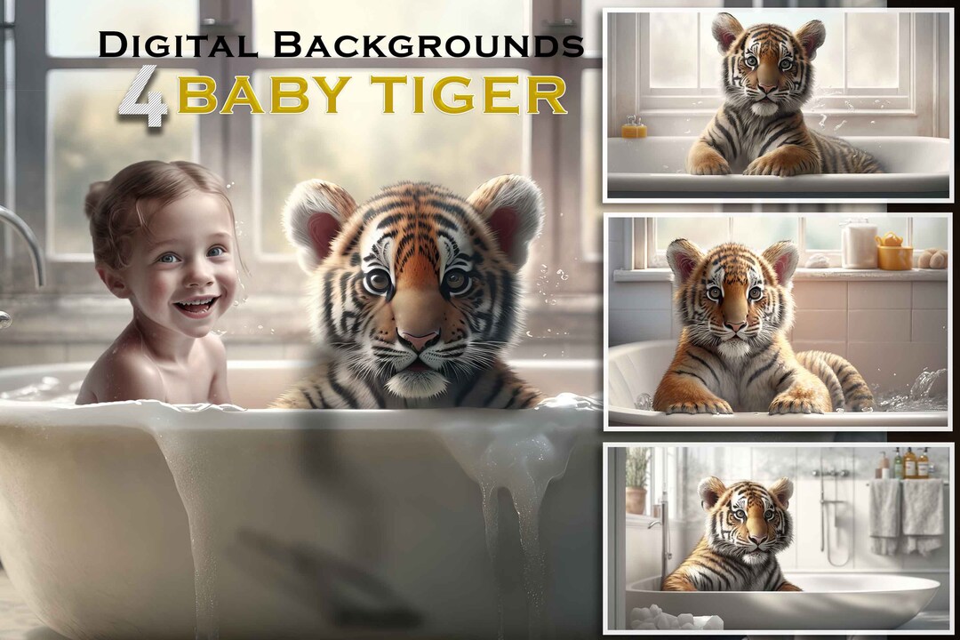 4 PACK Baby TIGER in a Bathtub Digital Backdrop Animal Digital ...