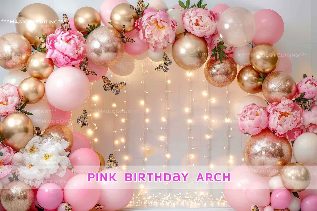 Pink Birthday Twinkle Digital Backdrop Balloon Arch Butterflies ...