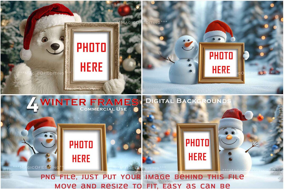 4 PACK Christmas Frames Snowman Polar Bear Happy Jolly Spirit Holiday ...