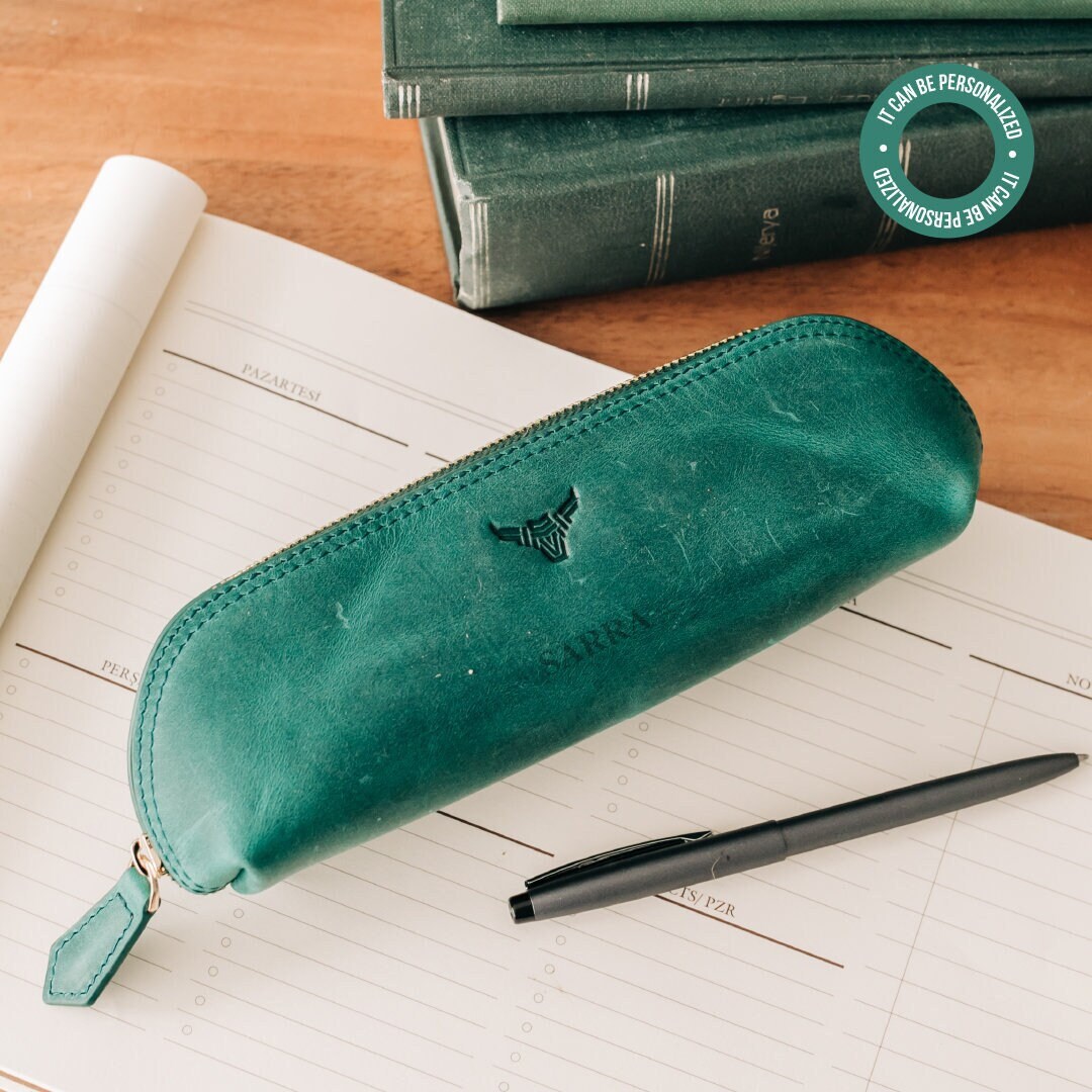 Handcrafted Top Grain Leather Zip Pen Case, Personalized Pencil Bag ...
