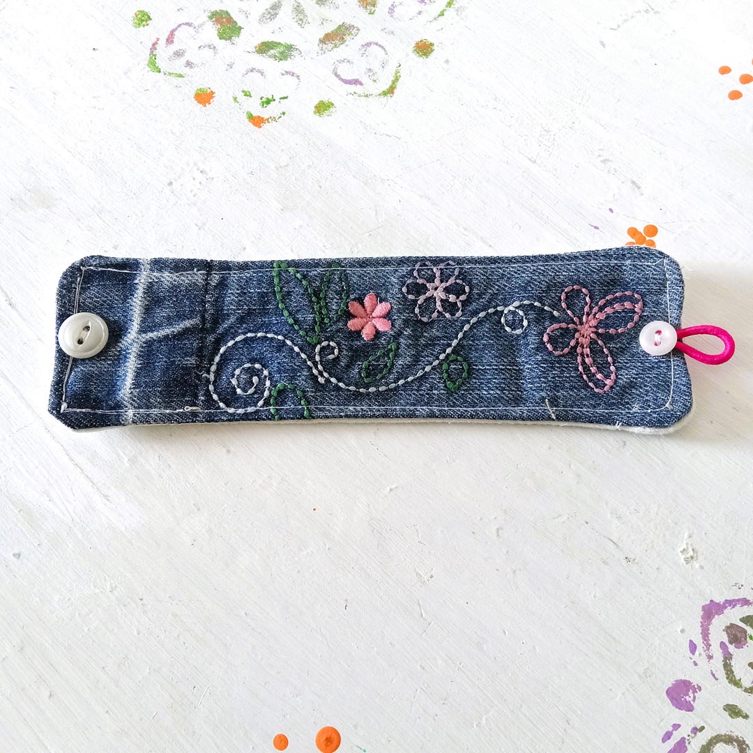 Repurposed Embroidered Denim Fabric Cuff Bracelet , Floral Art Cuff ...