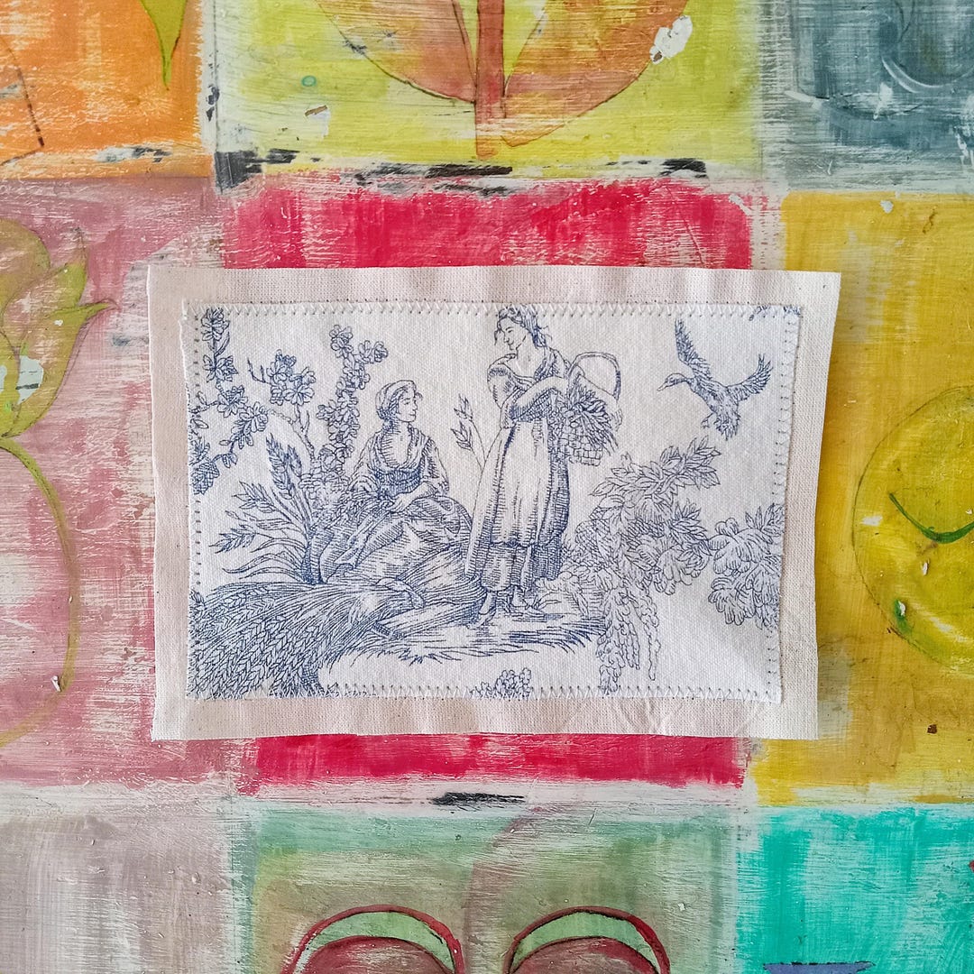 Vintage Blue Toile Patch , Upcycled Fabric Patch , Large Sew on Patch ...